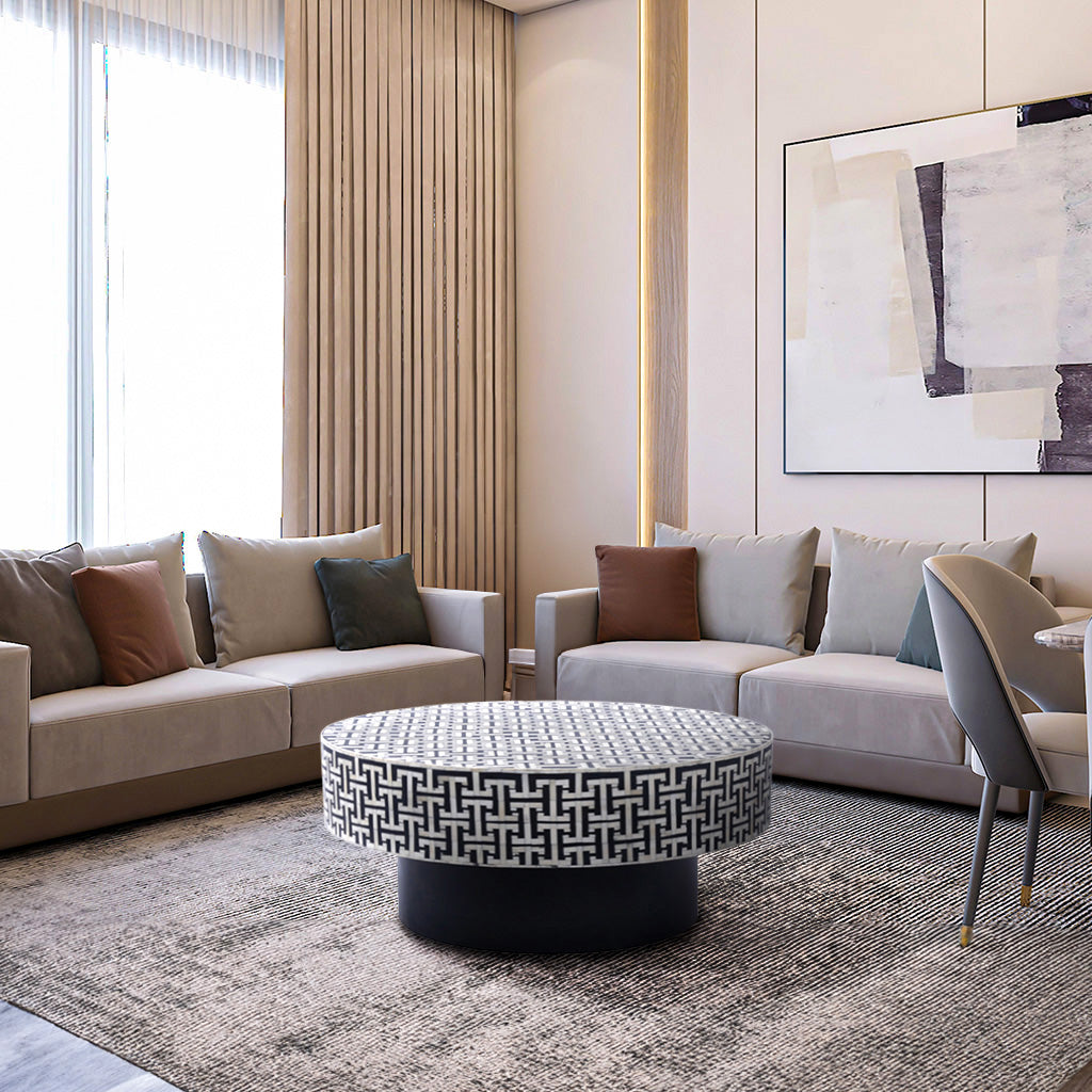 Ada Geometric Bone Inlay Black & White Coffee Table